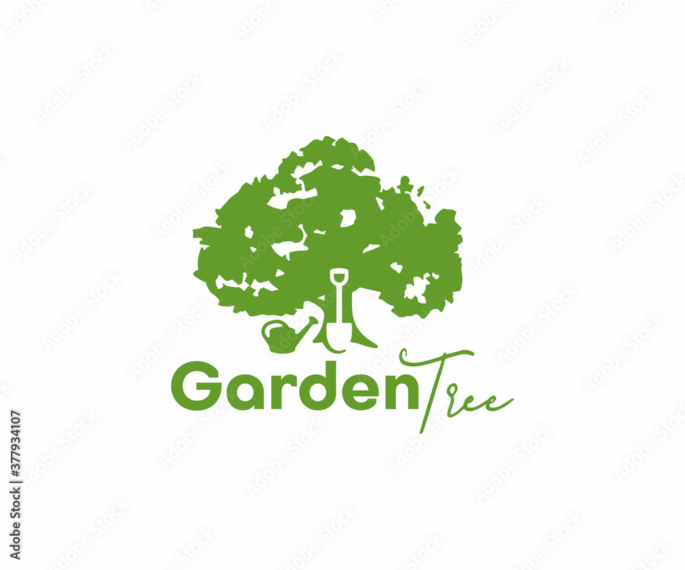 Garden tree decoration logo design. Gardening tools with tree vector ...
