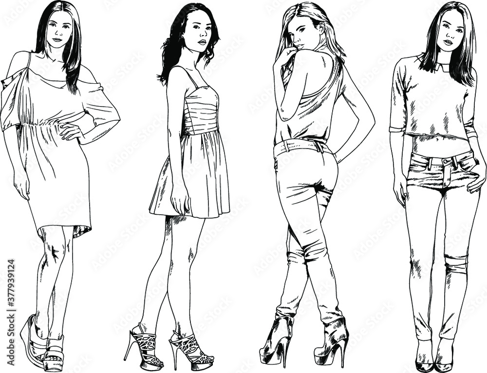 vector drawings on the theme of beautiful slim sporty girl in casual ...
