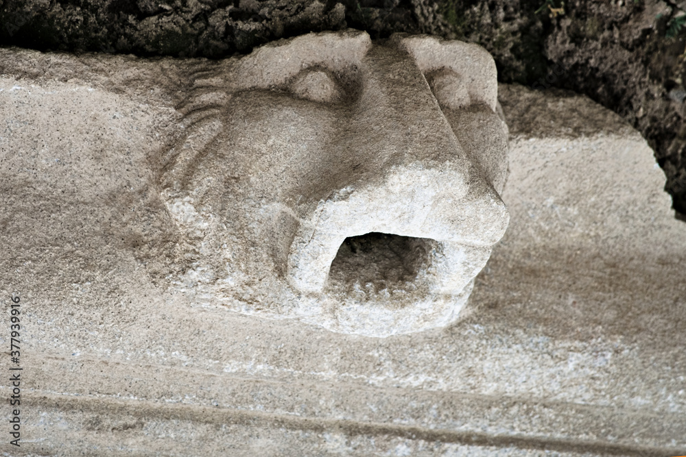 Roman era lion fountain spout. Archaeological site of the ancient town ...