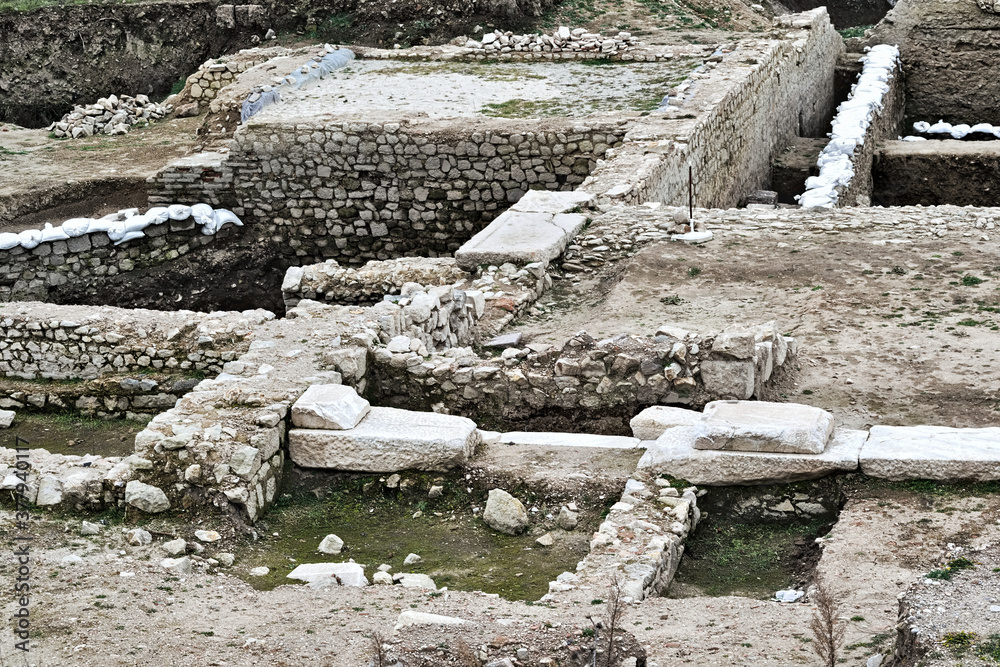 Stone walls at archaeological site of the ancient town of Heraclea ...