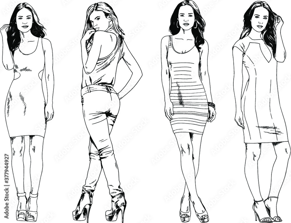 vector drawings on the theme of beautiful slim sporty girl in casual ...