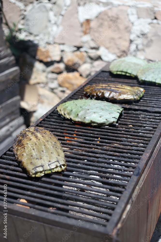 Penca de nopal asandose para comer en mexico Stock Photo | Adobe Stock