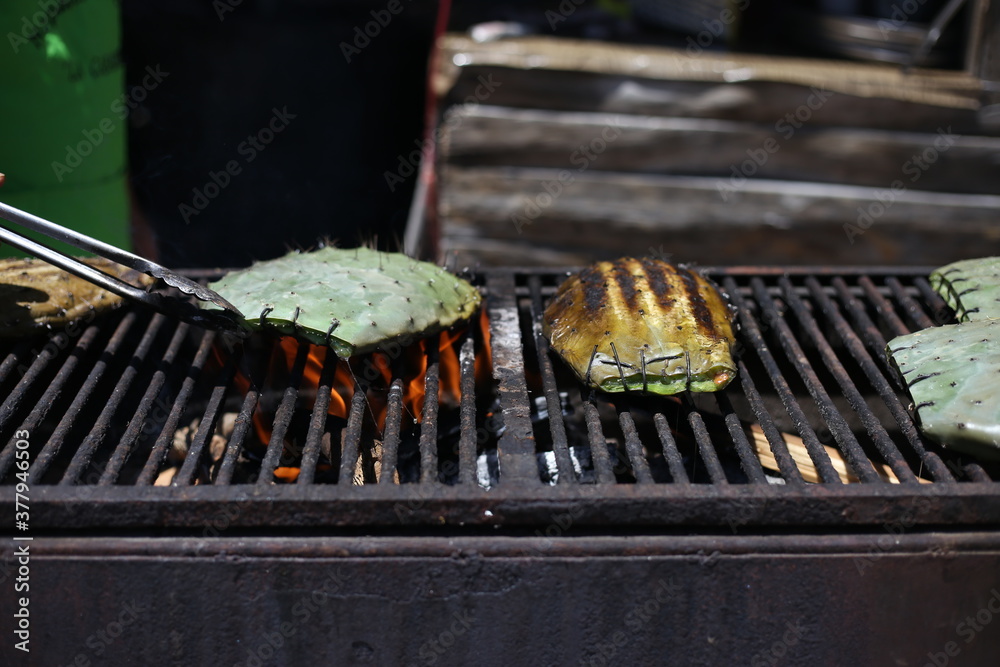 Penca de nopal asandose para comer en mexico, verde Photos | Adobe Stock
