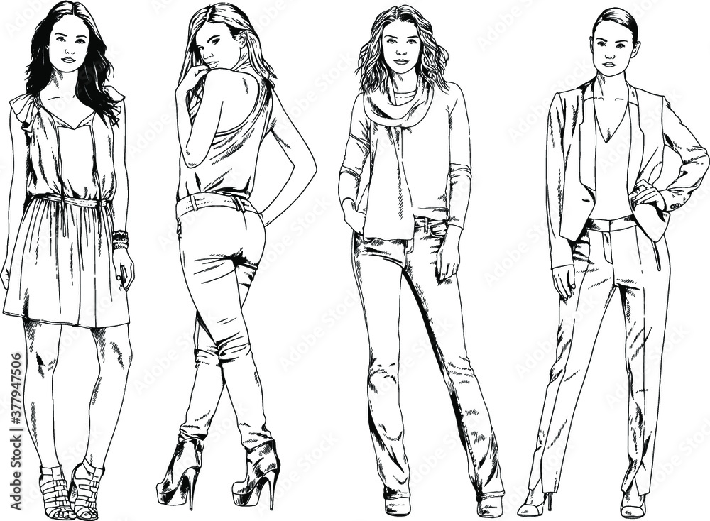 vector drawings on the theme of beautiful slim sporty girl in casual ...