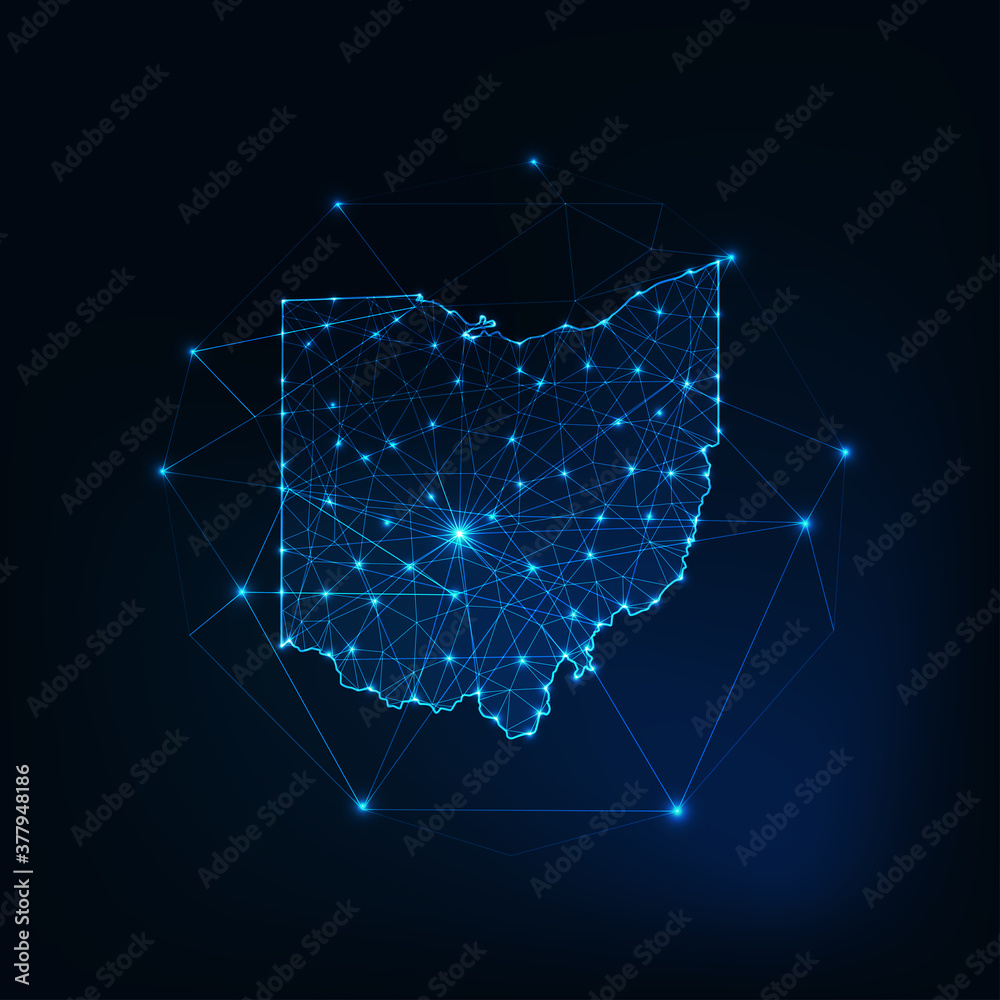 Ohio state USA map glowing silhouette made of stars lines dots ...