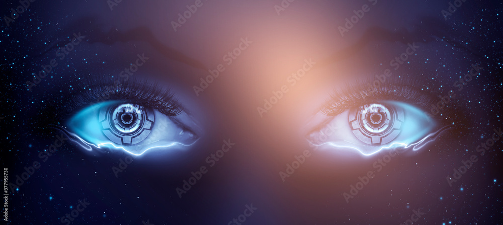Close-up biometric scan of a female eye. The concept of modern virtual ...