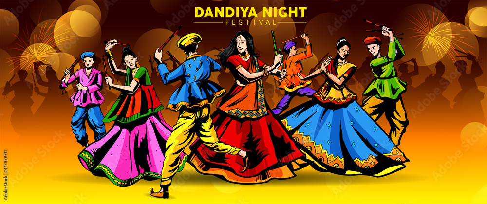 Vetor de Vector design of Indian couple playing Garba in Dandiya Night ...