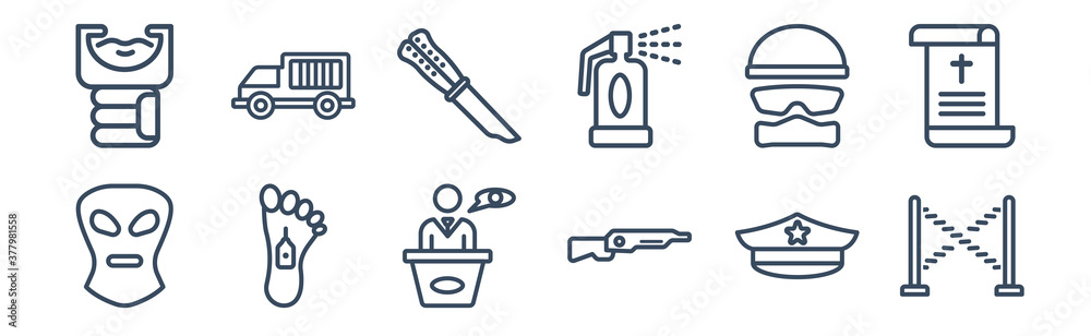 12 pack of icons. thin outline icons such as police line, shotgun ...