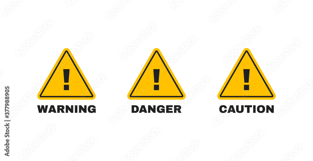 Warning, danger and caution badges set. Attention labels with ...