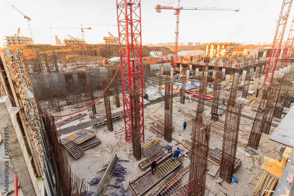 Bar bender fixing steel reinforcement for house concrete floor slab ...
