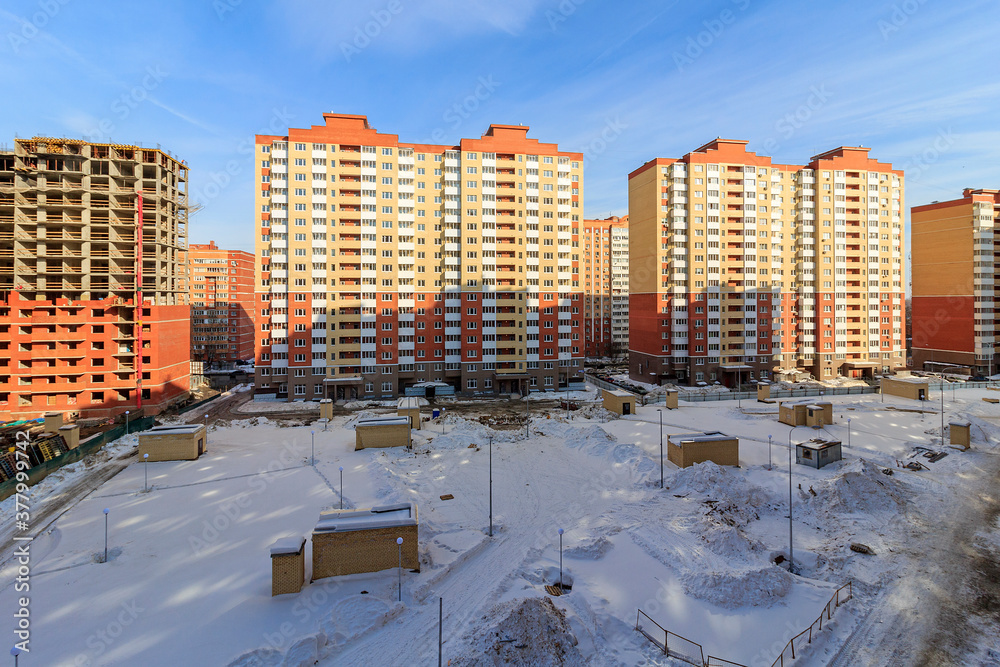 Construction of monolithic building. Construction site for residential ...