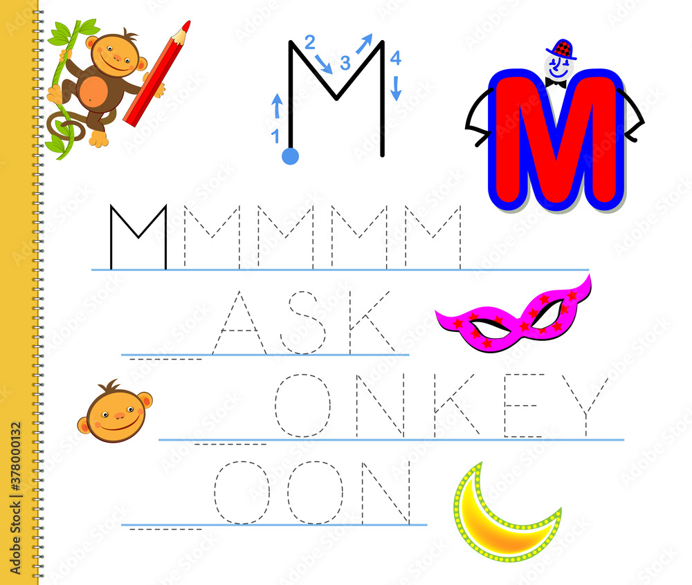 Learn to trace letter M. Study English words. Worksheet for children ...