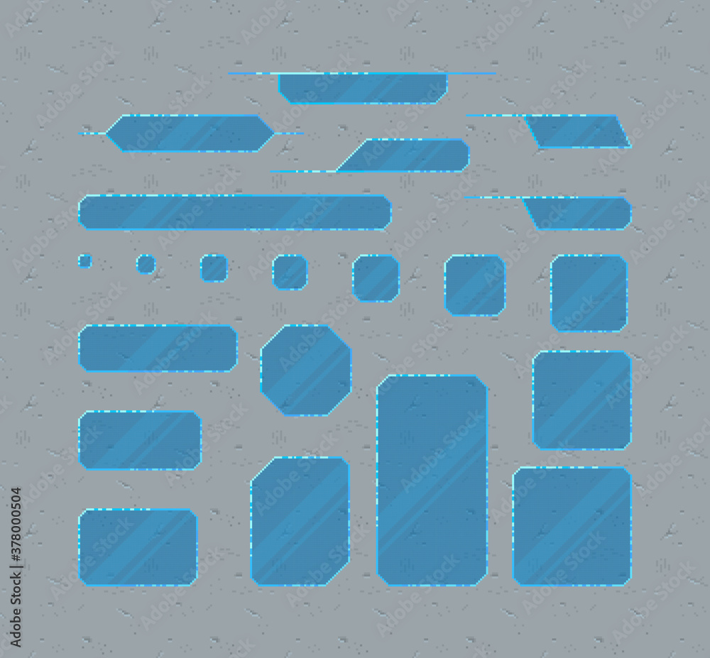 Pixel art game UI set. Set of glass boarders in futuristic style. Stock ...