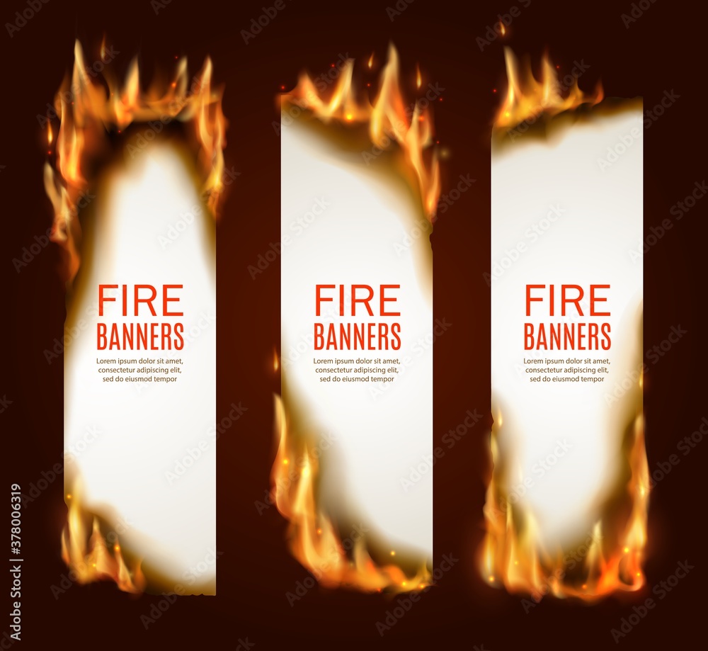 Burning paper vertical banners, vector pages with realistic fire ...