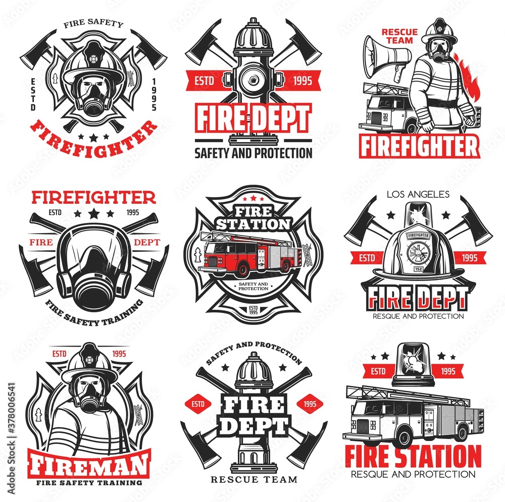 Fire and firefighter department icons, fireman helmet and axe vector ...
