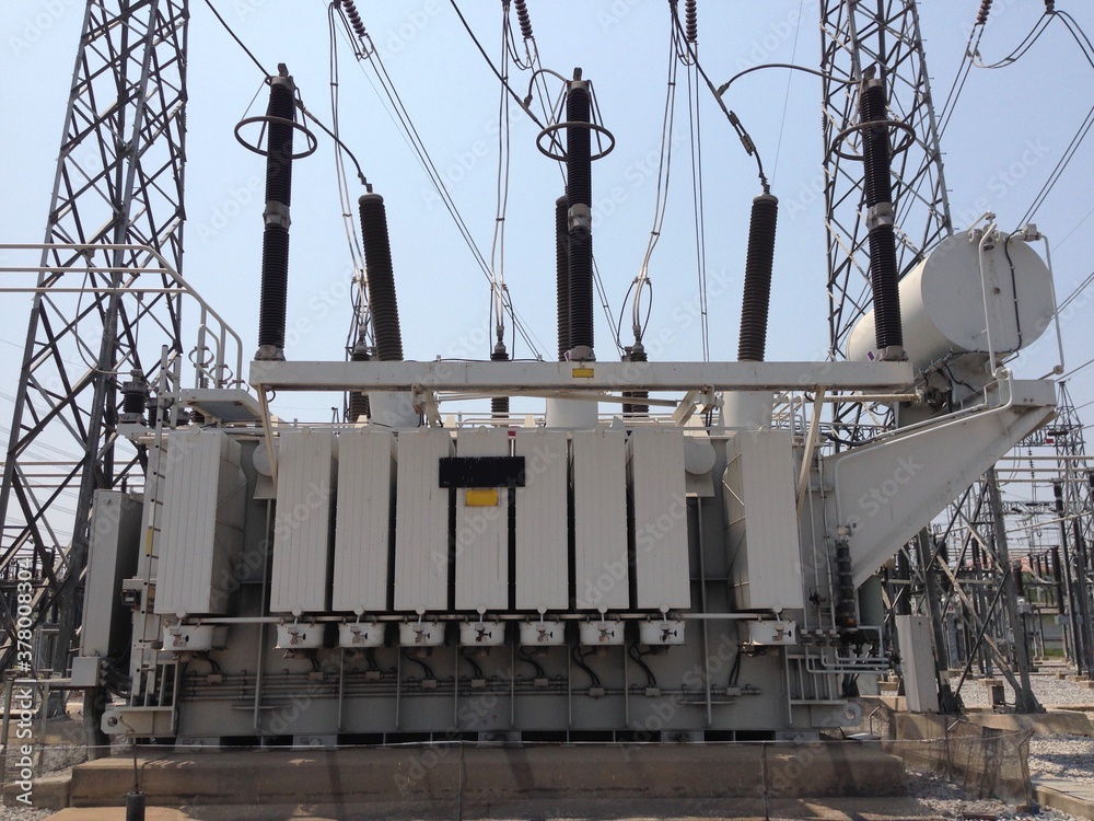 High voltage power transformer in switchyard and electrical power ...