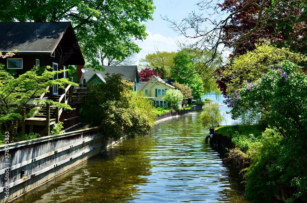 Water path to Seneca Lake from Glenora Falls. Spring scene in Finger ...