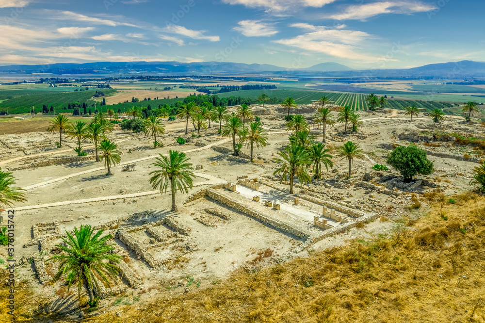 Aerial panorama of the ruins of the ancient city of Tel Megiddo ...