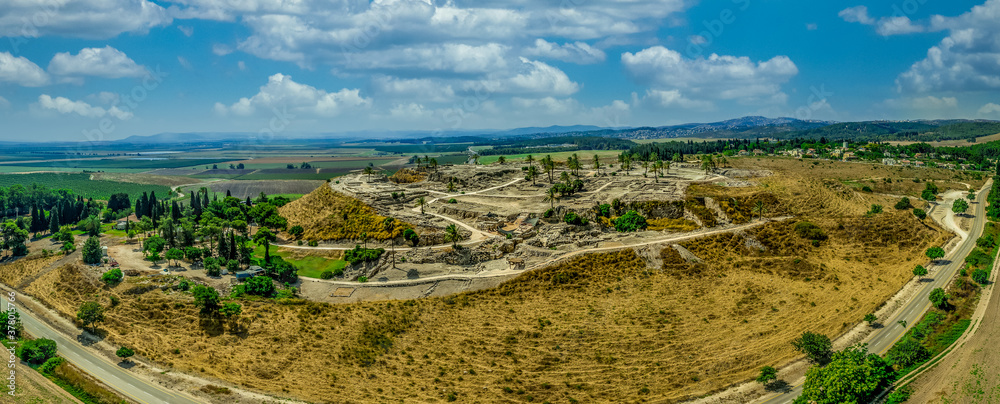 Aerial panorama of the ruins of the ancient city of Tel Megiddo ...