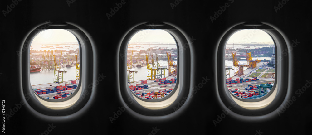 View outside the plane window. Logistics and transportation of cargo ...
