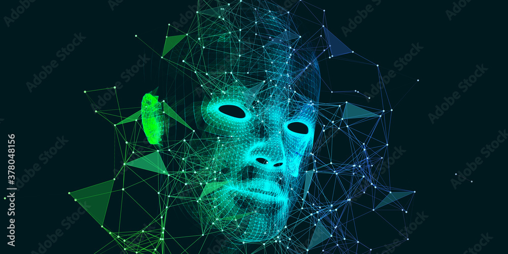 Machine learning. Polygonal technology background with 3d wireframe ...