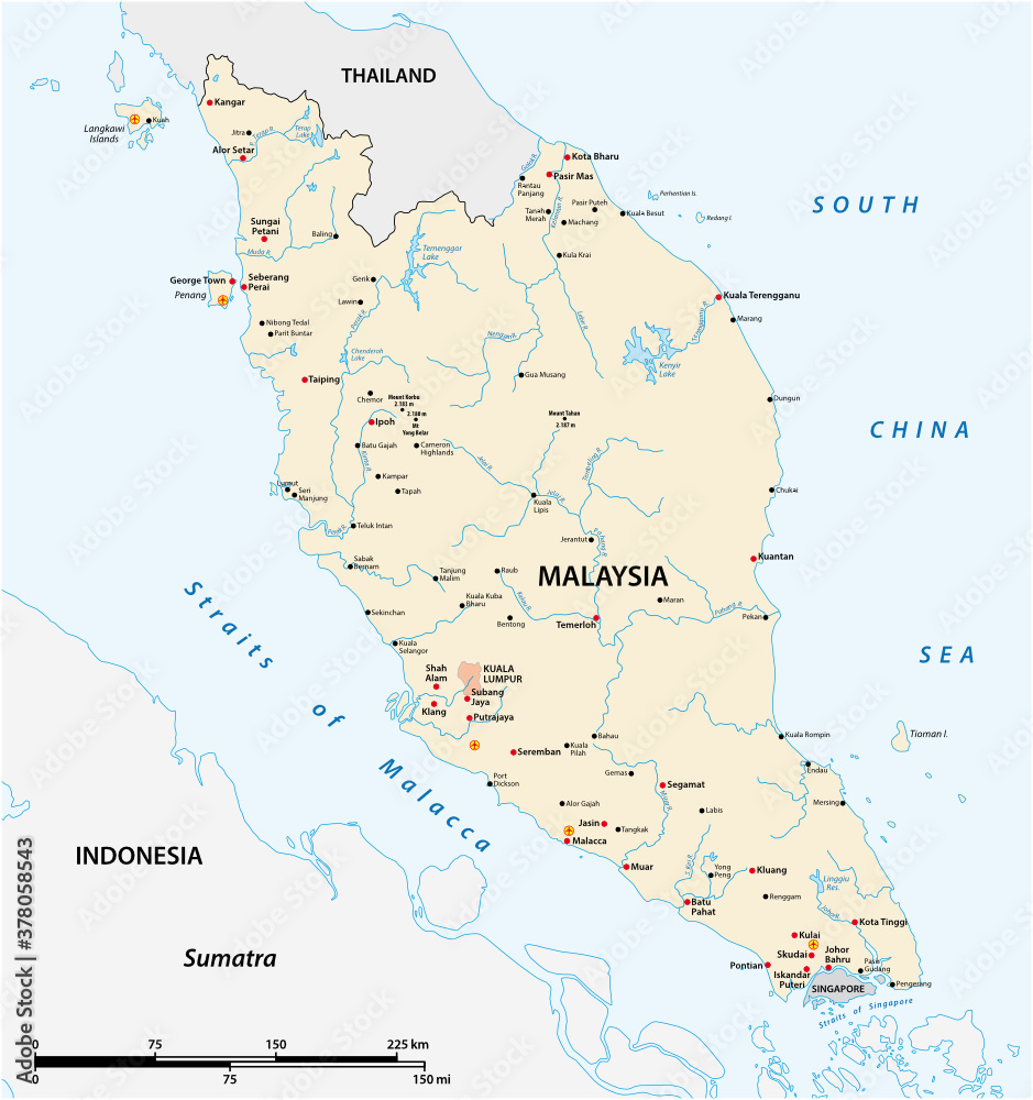 Vector map of the Malay Peninsula with main cities, Malaysia Stock ...