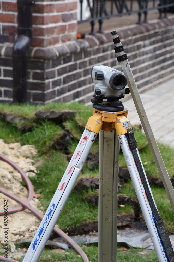 Theodolite geodesic works on building site Landscape leveling building ...