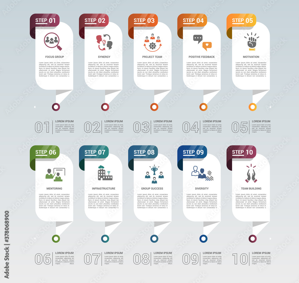 Infographic Team Building template. Icons in different colors. Include ...