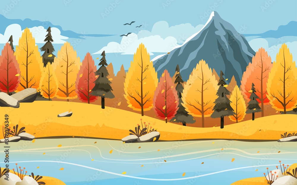 Autumn or Fall Season Landscape background Illustration with Lake and ...