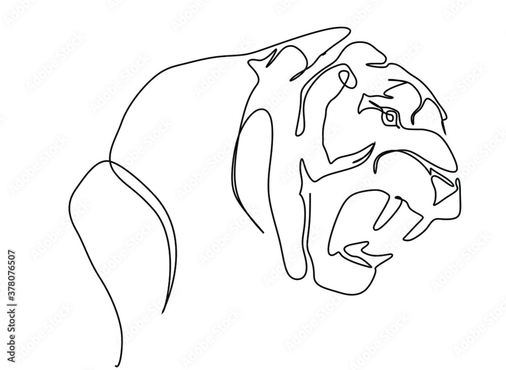 Continuous one line drawing of a tiger showing its fangs and get ready ...