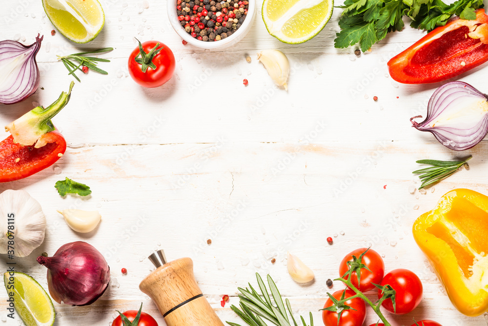 Food cooking background on white wooden table. Stock Photo | Adobe Stock