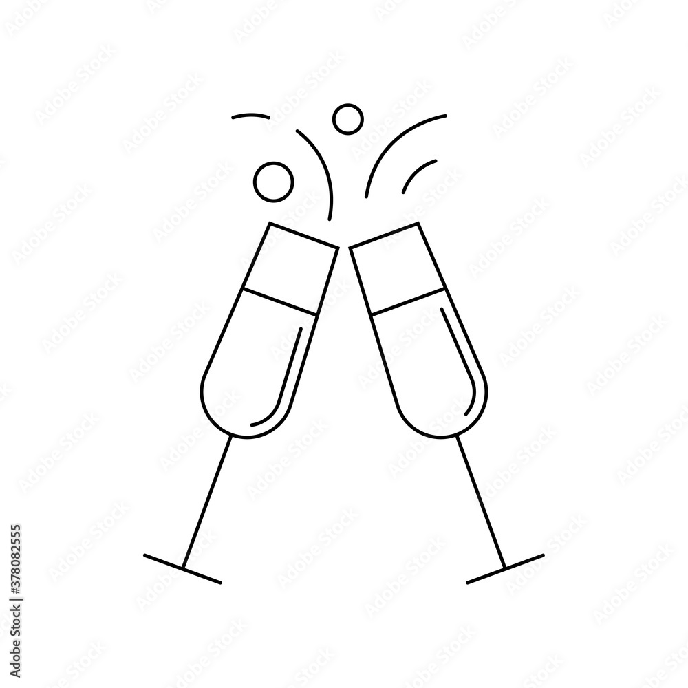 Champagne glass outline icon. Cheers sign. Two sparkling wine glasses ...