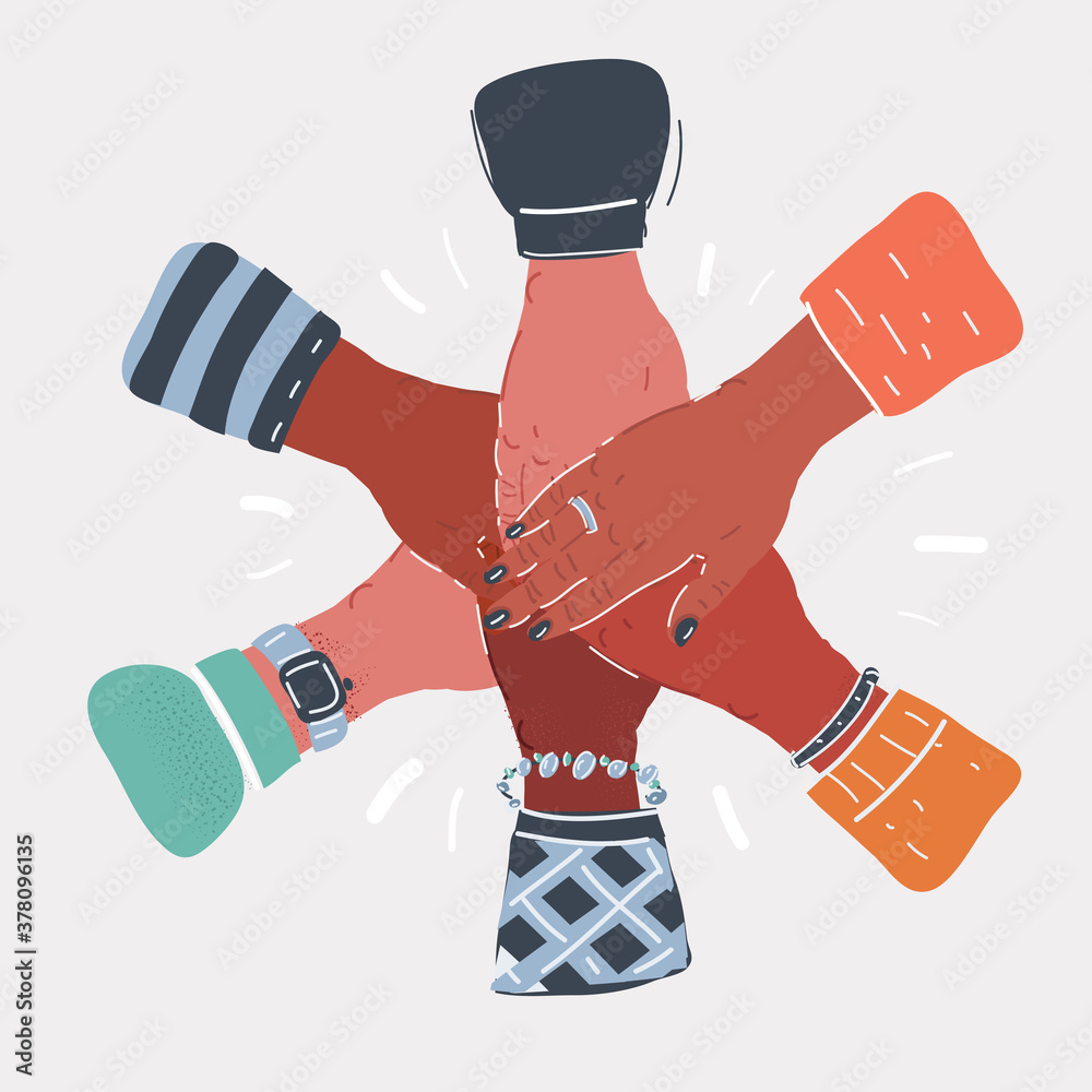 Vector illustration of many hands team together. Friends or colleagues ...