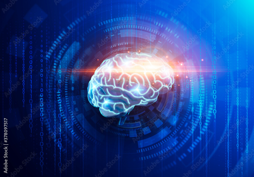 Ai Concept. 3D illustration Of Gloving Human Brain Over Binary Code ...