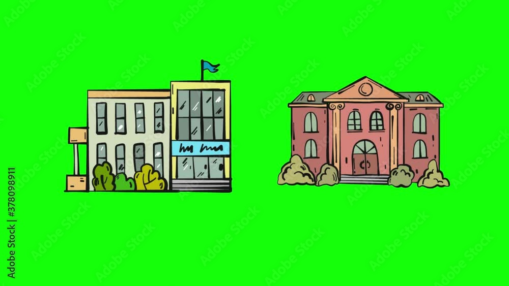 two different buildings comparison looped cartoon animation isolated on ...