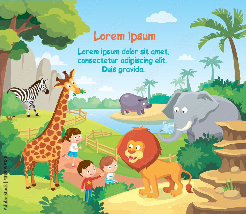 Vector illustration picture of cildren kids in zoo with wildlife ...