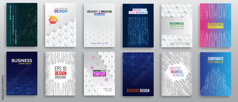 Abstract technology cover with various elements. High tech brochure ...