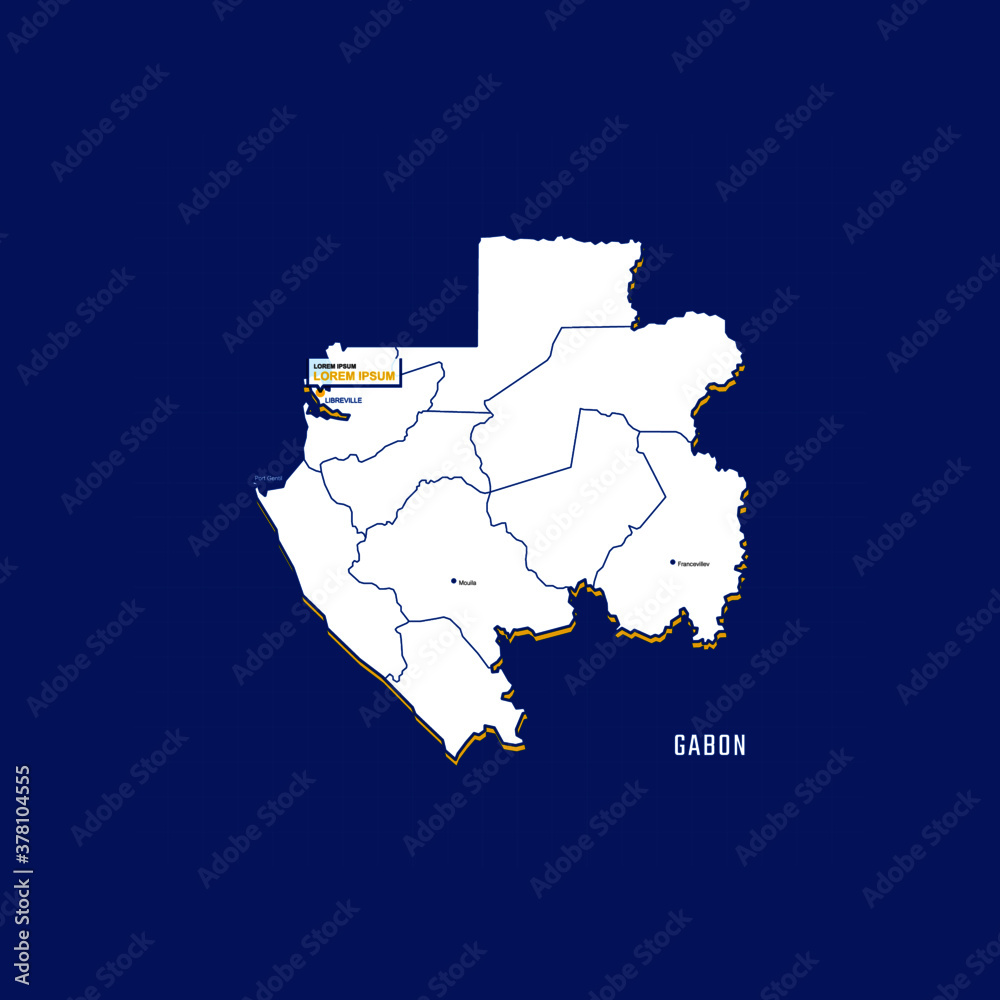Vector map of Gabon with border, cities and capital Libreville. Each ...