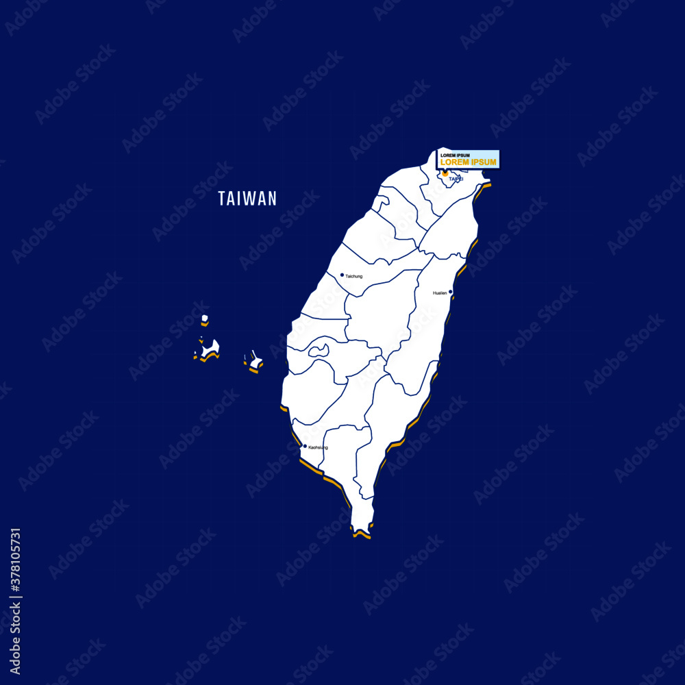 Vector map of Taiwan with border, cities and capital Taipei. Each city ...