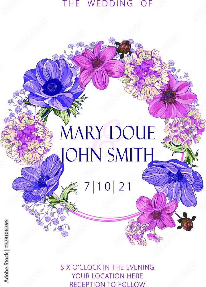 flower card, wedding, invitation, botanical style, greeting, editable ...