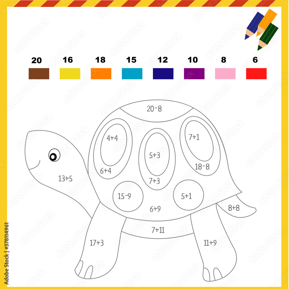 Math coloring with exercises for children to add and subtract. Turtle ...