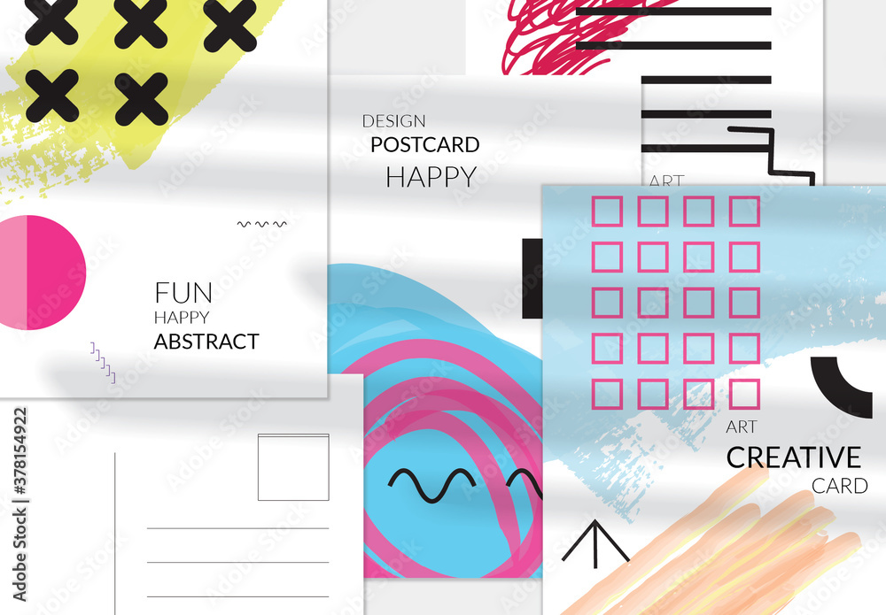 Postcard Layout with Hand Drawn Abstract Floral Doodles and Geometric ...
