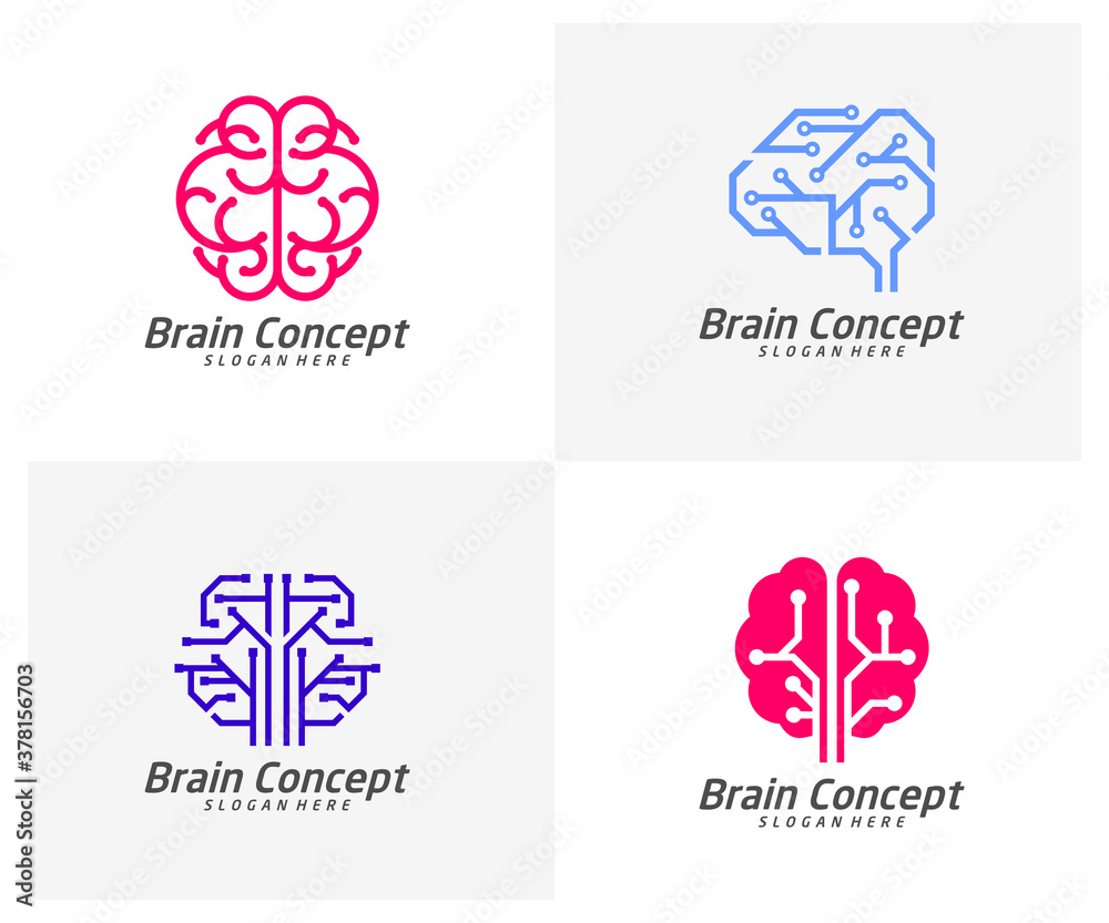 Set of Tech Brain Logo design vector template. Think idea concept ...