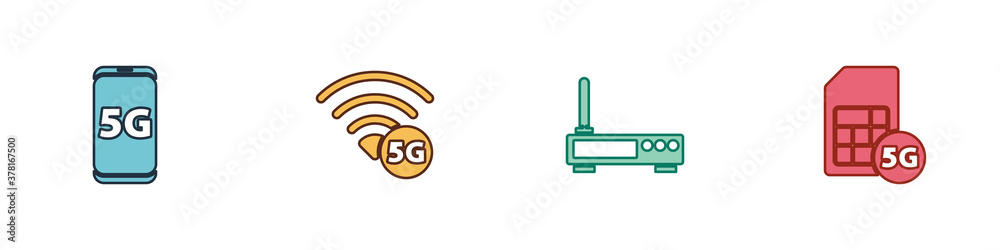 Set Mobile with 5G network, , Router and wi-fi signal and Sim Card icon ...