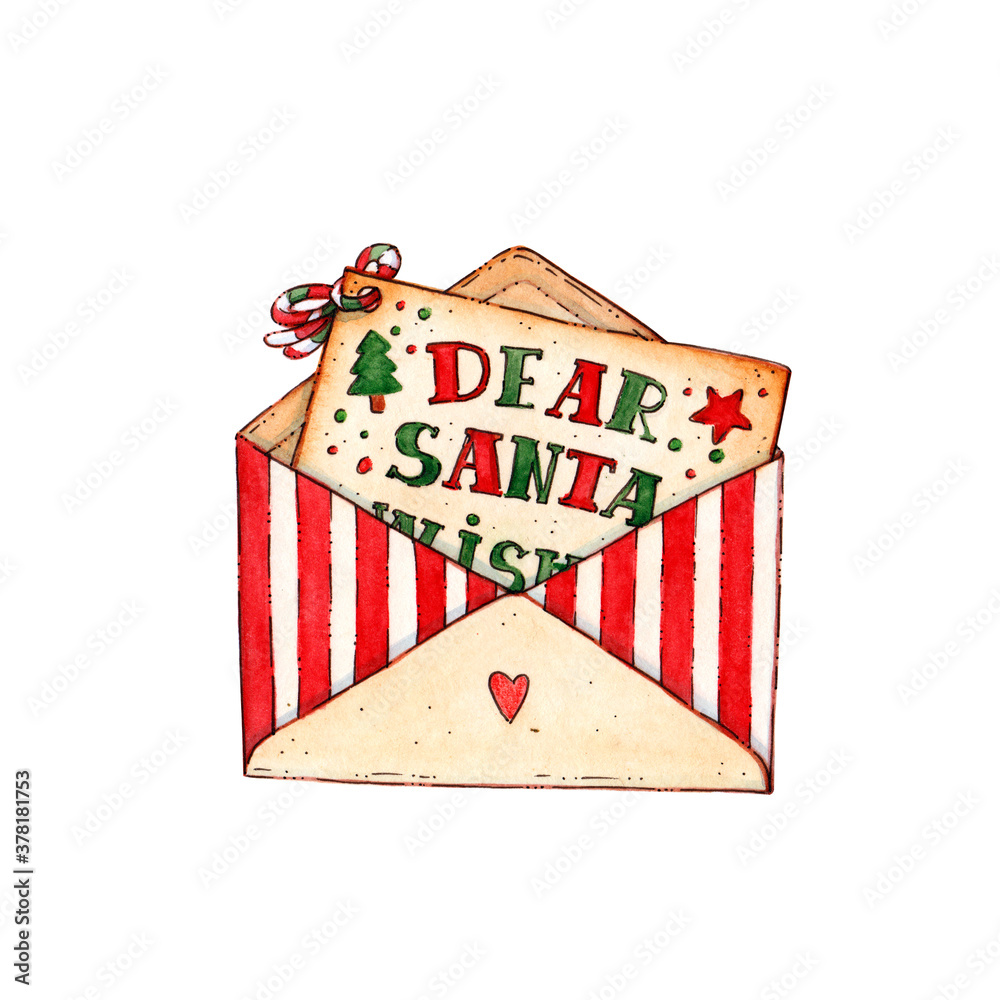 watercolor letter to santa in vintage paper envelope Stock Illustration ...