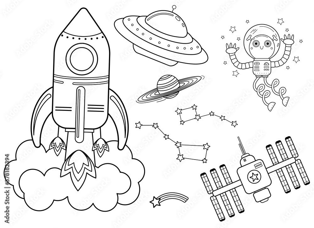 Funny coloring kids space transport set. Spaceship, UFO, space station ...