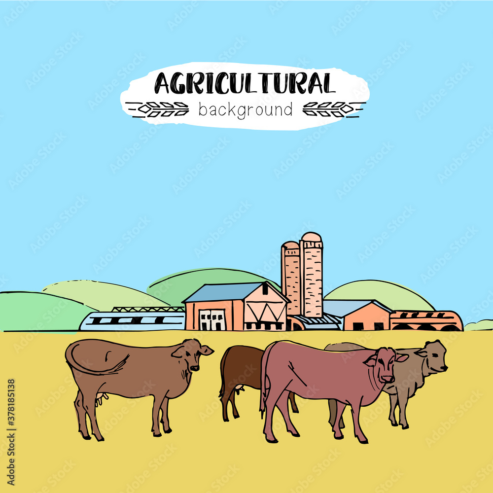 Vector sketch illustration of an agricultural farm, agri business, with ...