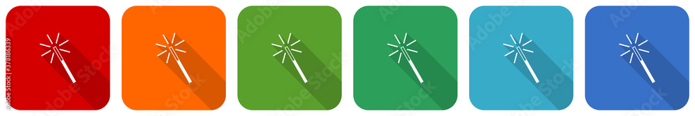 Magic wand icon set, flat design vector illustration in 6 colors ...