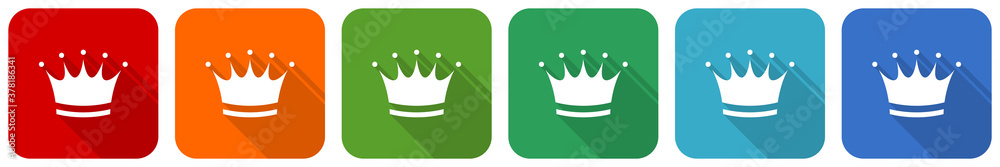 Crown icon set, flat design vector illustration in 6 colors options for ...