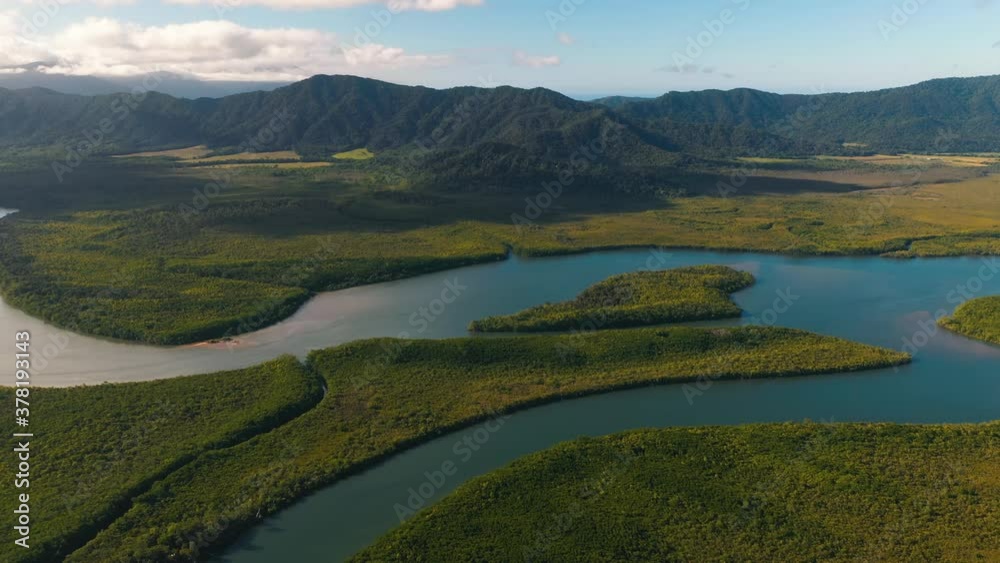Daintree River flowing through Daintree Forest, 4K aerial landscape ...
